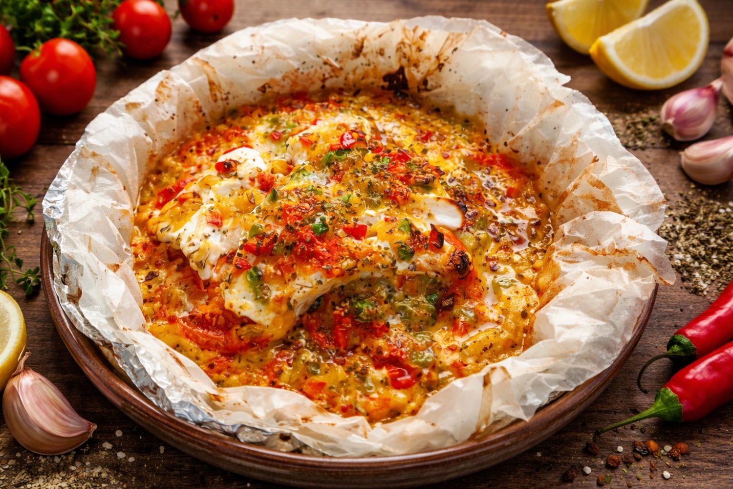 Bougiourdi: Greek Baked Feta with Tomatoes & Peppers
